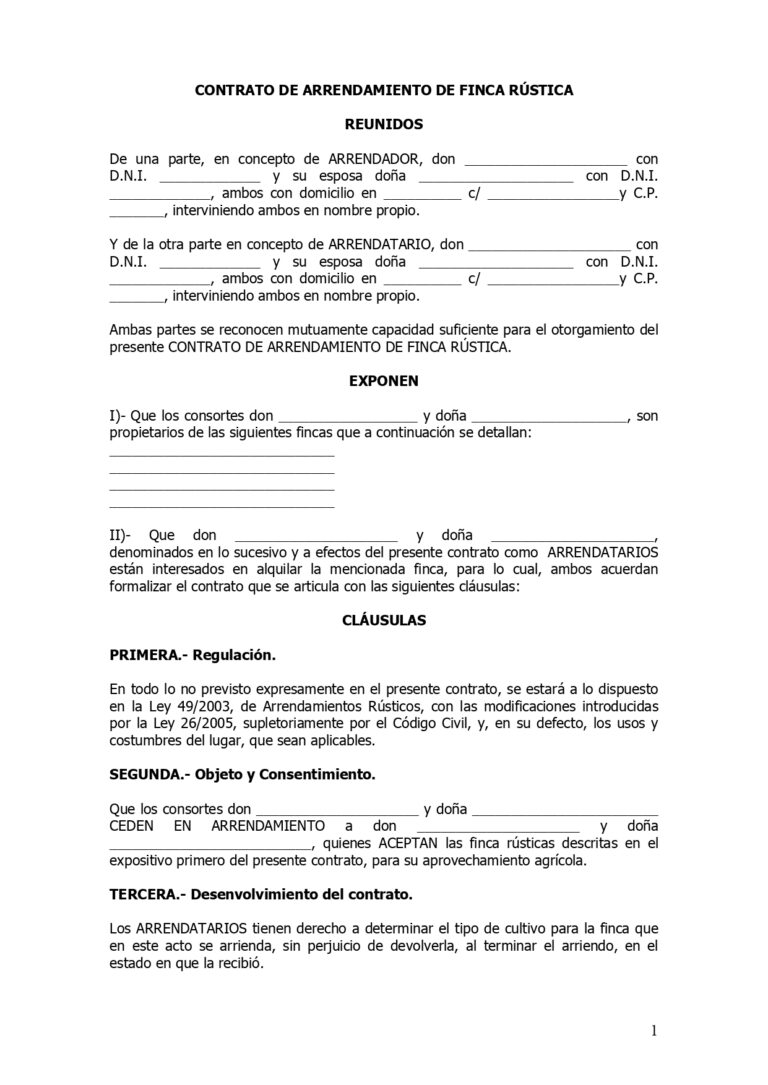 Modelo De Contrato De Alquiler De Finca Rústica Entre Trámites